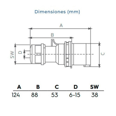 Clavija industrial 3P+T 16A Cetac, protección IP44